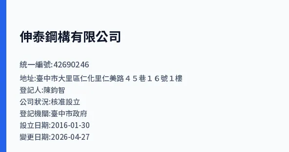 伸泰鋼構有限公司的照片-統編 42690246(臺中市) 公司登記資料與營業項目詳細圖表