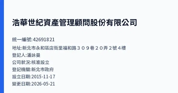 浩華世紀資產管理顧問股份有限公司的照片-統編 42691821(新北市) 公司登記資料與營業項目詳細圖表