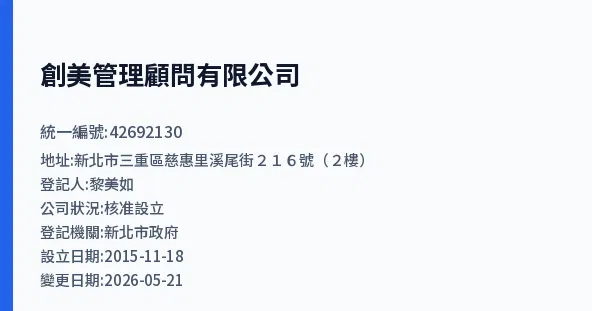 創美管理顧問有限公司的照片-統編 42692130(新北市) 公司登記資料與營業項目詳細圖表