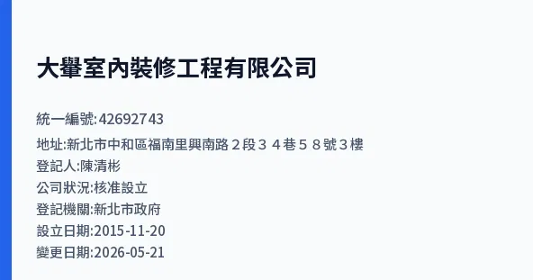 大轝室內裝修工程有限公司的照片-統編 42692743(新北市) 公司登記資料與營業項目詳細圖表