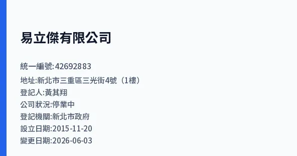 易立傑有限公司的照片-統編 42692883(新北市) 公司登記資料與營業項目詳細圖表