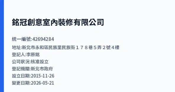 銘冠創意室內裝修有限公司的照片-統編 42694284(新北市) 公司登記資料與營業項目詳細圖表