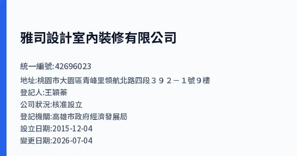 雅司設計室內裝修有限公司的照片-統編 42696023(桃園市) 公司登記資料與營業項目詳細圖表