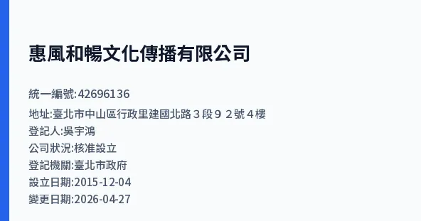 惠風和暢文化傳播有限公司的照片-統編 42696136(臺北市) 公司登記資料與營業項目詳細圖表