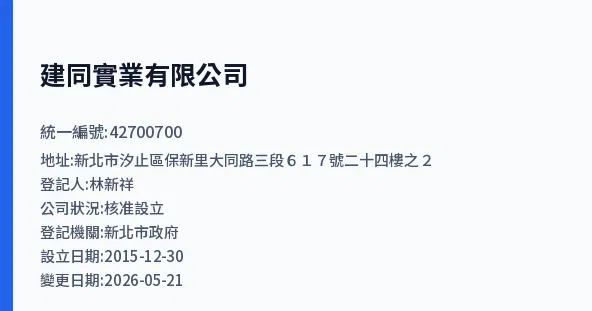 建同實業有限公司的照片-統編 42700700(新北市) 公司登記資料與營業項目詳細圖表