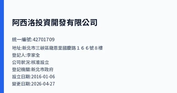 阿西洛投資開發有限公司的照片-統編 42701709(新北市) 公司登記資料與營業項目詳細圖表