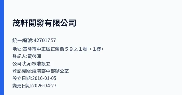茂軒開發有限公司的照片-統編 42701757(基隆市) 公司登記資料與營業項目詳細圖表