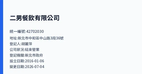 二男餐飲有限公司的照片-統編 42702030(新北市) 公司登記資料與營業項目詳細圖表