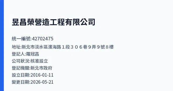 昱昌榮營造工程有限公司的照片-統編 42702475(新北市) 公司登記資料與營業項目詳細圖表