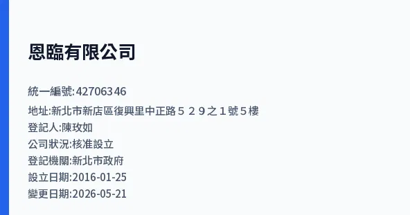 恩臨有限公司的照片-統編 42706346(新北市) 公司登記資料與營業項目詳細圖表