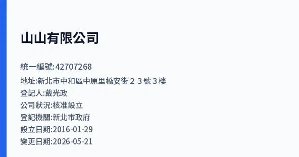 山山有限公司的照片-統編 42707268(新北市) 公司登記資料與營業項目詳細圖表