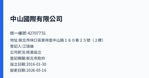 中山國際有限公司的照片-統編 42707751(新北市) 公司登記資料與營業項目詳細圖表