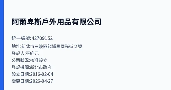 阿爾卑斯戶外用品有限公司的照片-統編 42709152(新北市) 公司登記資料與營業項目詳細圖表