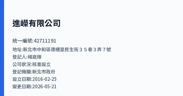 進嶸有限公司的照片-統編 42711191(新北市) 公司登記資料與營業項目詳細圖表