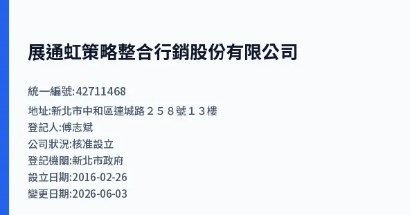 展通虹策略整合行銷股份有限公司的照片-統編 42711468(新北市) 公司登記資料與營業項目詳細圖表