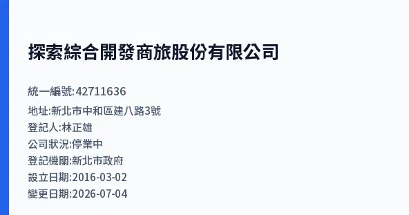 探索綜合開發商旅股份有限公司的照片-統編 42711636(新北市) 公司登記資料與營業項目詳細圖表