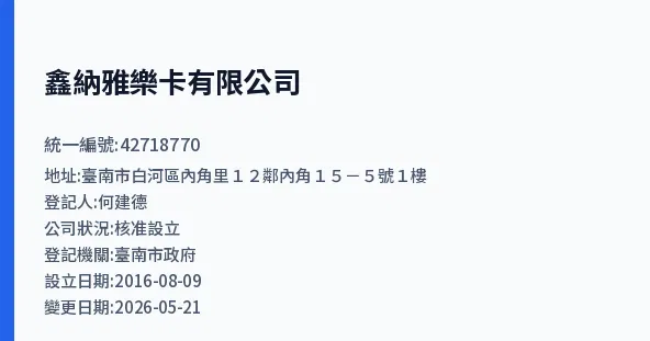 鑫納雅樂卡有限公司的照片-統編 42718770(臺南市) 公司登記資料與營業項目詳細圖表