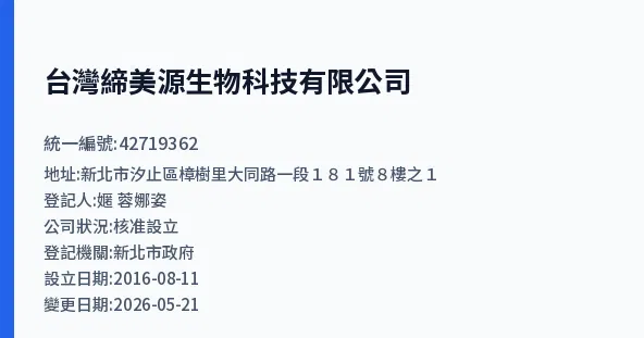 台灣締美源生物科技有限公司的照片-統編 42719362(新北市) 公司登記資料與營業項目詳細圖表