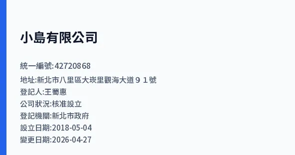小島有限公司的照片-統編 42720868(新北市) 公司登記資料與營業項目詳細圖表