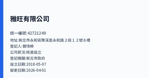 雅旺有限公司的照片-統編 42721249(新北市) 公司登記資料與營業項目詳細圖表