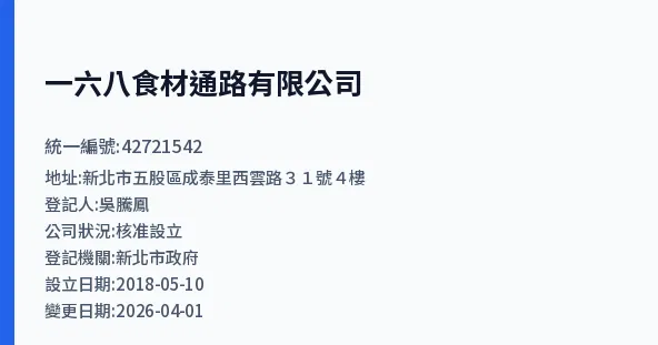 一六八食材通路有限公司的照片-統編 42721542(新北市) 公司登記資料與營業項目詳細圖表