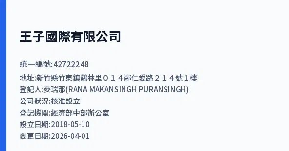 王子國際有限公司的照片-統編 42722248(新竹縣) 公司登記資料與營業項目詳細圖表