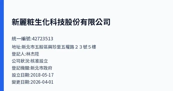 新麗粧生化科技股份有限公司的照片-統編 42723513(新北市) 公司登記資料與營業項目詳細圖表
