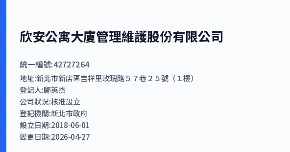 欣安公寓大廈管理維護股份有限公司的照片-統編 42727264(新北市) 公司登記資料與營業項目詳細圖表