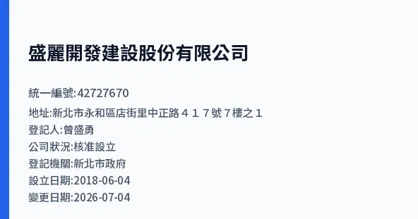 盛麗開發建設股份有限公司的照片-統編 42727670(新北市) 公司登記資料與營業項目詳細圖表