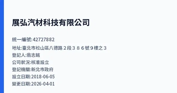 展弘汽材科技有限公司的照片-統編 42727882(臺北市) 公司登記資料與營業項目詳細圖表