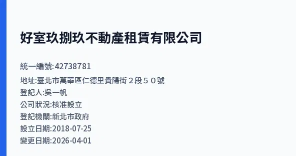 好室玖捌玖不動產租賃有限公司的照片-統編 42738781(臺北市) 公司登記資料與營業項目詳細圖表