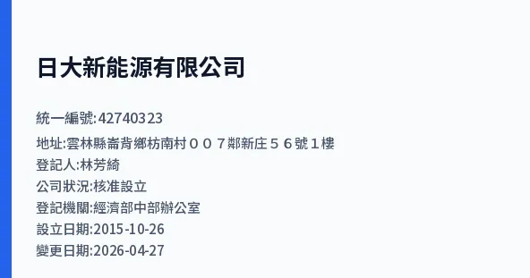 日大新能源有限公司的照片-統編 42740323(雲林縣) 公司登記資料與營業項目詳細圖表