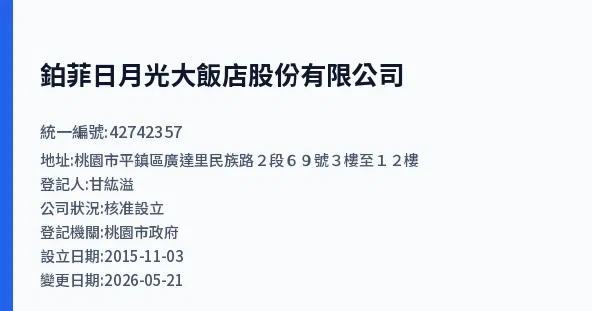 鉑菲日月光大飯店股份有限公司的照片-統編 42742357(桃園市) 公司登記資料與營業項目詳細圖表