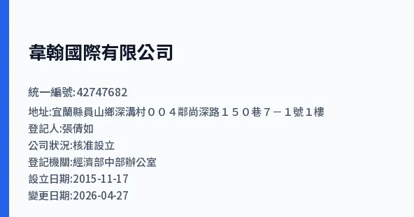 韋翰國際有限公司的照片-統編 42747682(宜蘭縣) 公司登記資料與營業項目詳細圖表