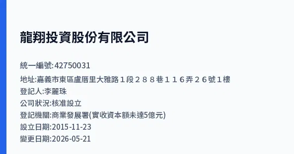 龍翔投資股份有限公司的照片-統編 42750031(嘉義市) 公司登記資料與營業項目詳細圖表