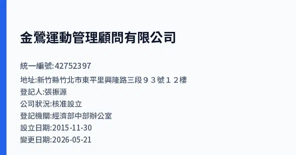 金鶯運動管理顧問有限公司的照片-統編 42752397(新竹縣) 公司登記資料與營業項目詳細圖表