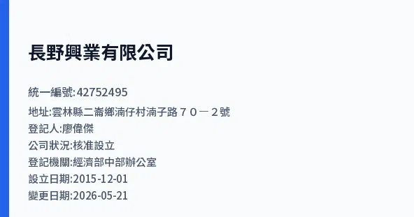 長野興業有限公司的照片-統編 42752495(雲林縣) 公司登記資料與營業項目詳細圖表