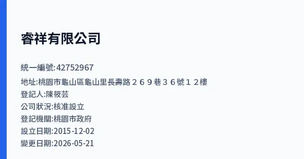 睿祥有限公司的照片-統編 42752967(桃園市) 公司登記資料與營業項目詳細圖表