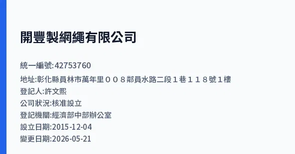 開豐製網繩有限公司的照片-統編 42753760(彰化縣) 公司登記資料與營業項目詳細圖表