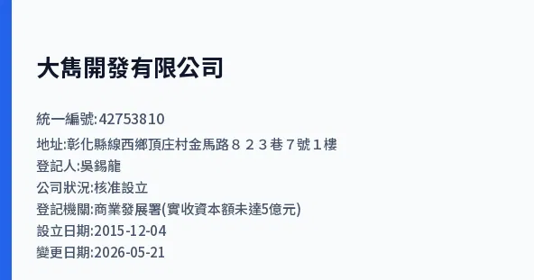 大雋開發有限公司的照片-統編 42753810(彰化縣) 公司登記資料與營業項目詳細圖表