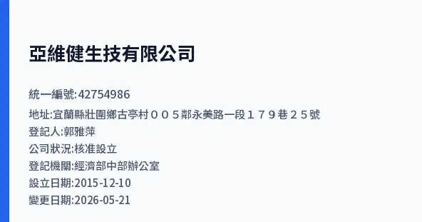 亞維健生技有限公司的照片-統編 42754986(宜蘭縣) 公司登記資料與營業項目詳細圖表