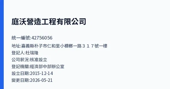庭沃營造工程有限公司的照片-統編 42756056(嘉義縣) 公司登記資料與營業項目詳細圖表