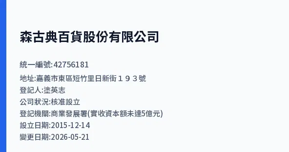 森古典百貨股份有限公司的照片-統編 42756181(嘉義市) 公司登記資料與營業項目詳細圖表