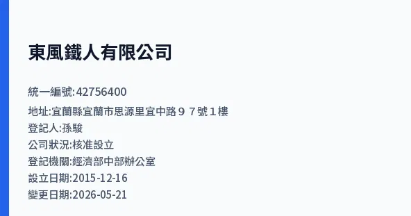 東風鐵人有限公司的照片-統編 42756400(宜蘭縣) 公司登記資料與營業項目詳細圖表