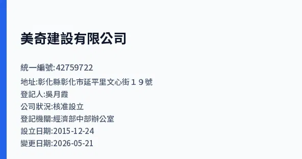 美奇建設有限公司的照片-統編 42759722(彰化縣) 公司登記資料與營業項目詳細圖表