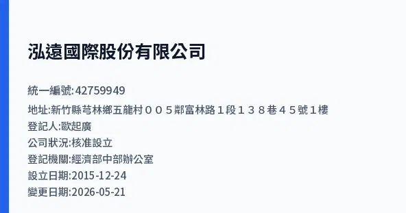 泓遠國際股份有限公司的照片-統編 42759949(新竹縣) 公司登記資料與營業項目詳細圖表
