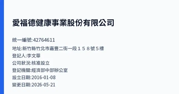 愛福德健康事業股份有限公司的照片-統編 42764611(新竹縣) 公司登記資料與營業項目詳細圖表