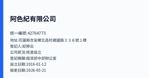 阿色紀有限公司的照片-統編 42764773(花蓮縣) 公司登記資料與營業項目詳細圖表
