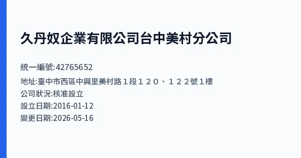 久丹奴企業有限公司台中美村分公司的照片-統編 42765652(臺中市) 公司登記資料與營業項目詳細圖表