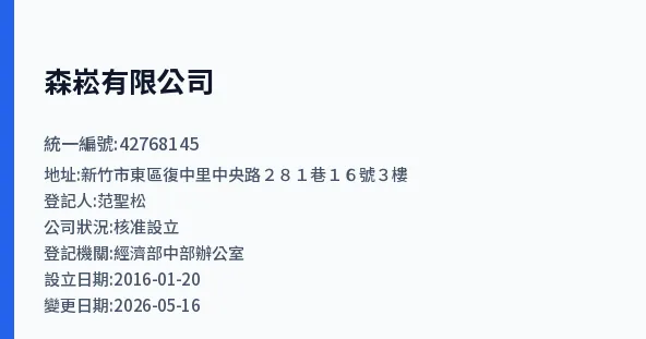 森崧有限公司的照片-統編 42768145(新竹市) 公司登記資料與營業項目詳細圖表